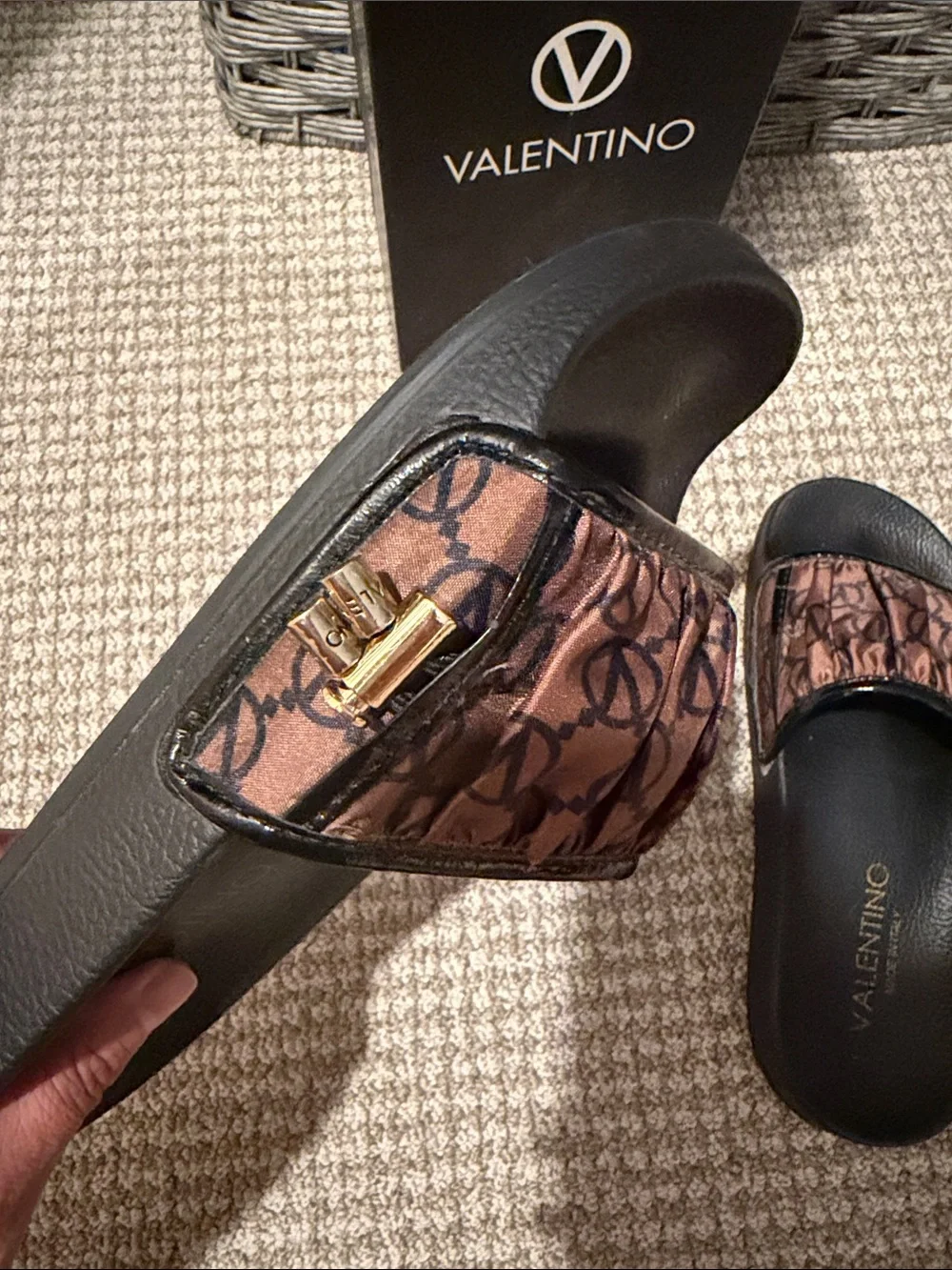 Valentino | Shoes | Valentino Brown And Black Logo Monogram Slide ...